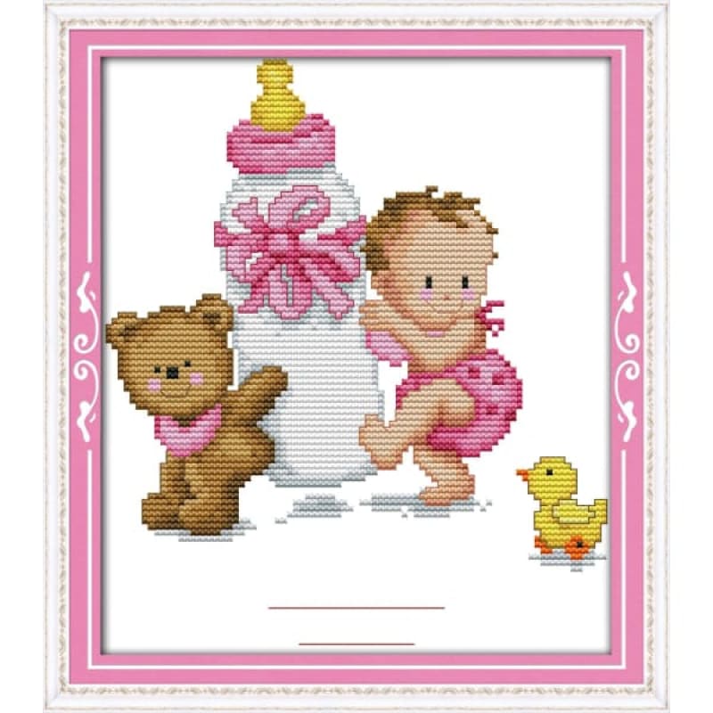 Bottle baby's birth certificate (pink) – Needlework Kits - UK